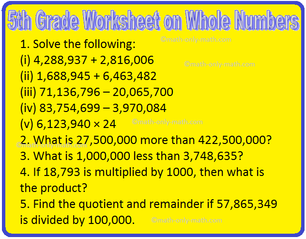 5th Grade Worksheet on Whole Numbers | 5th Grade Math Worksheets | Ans