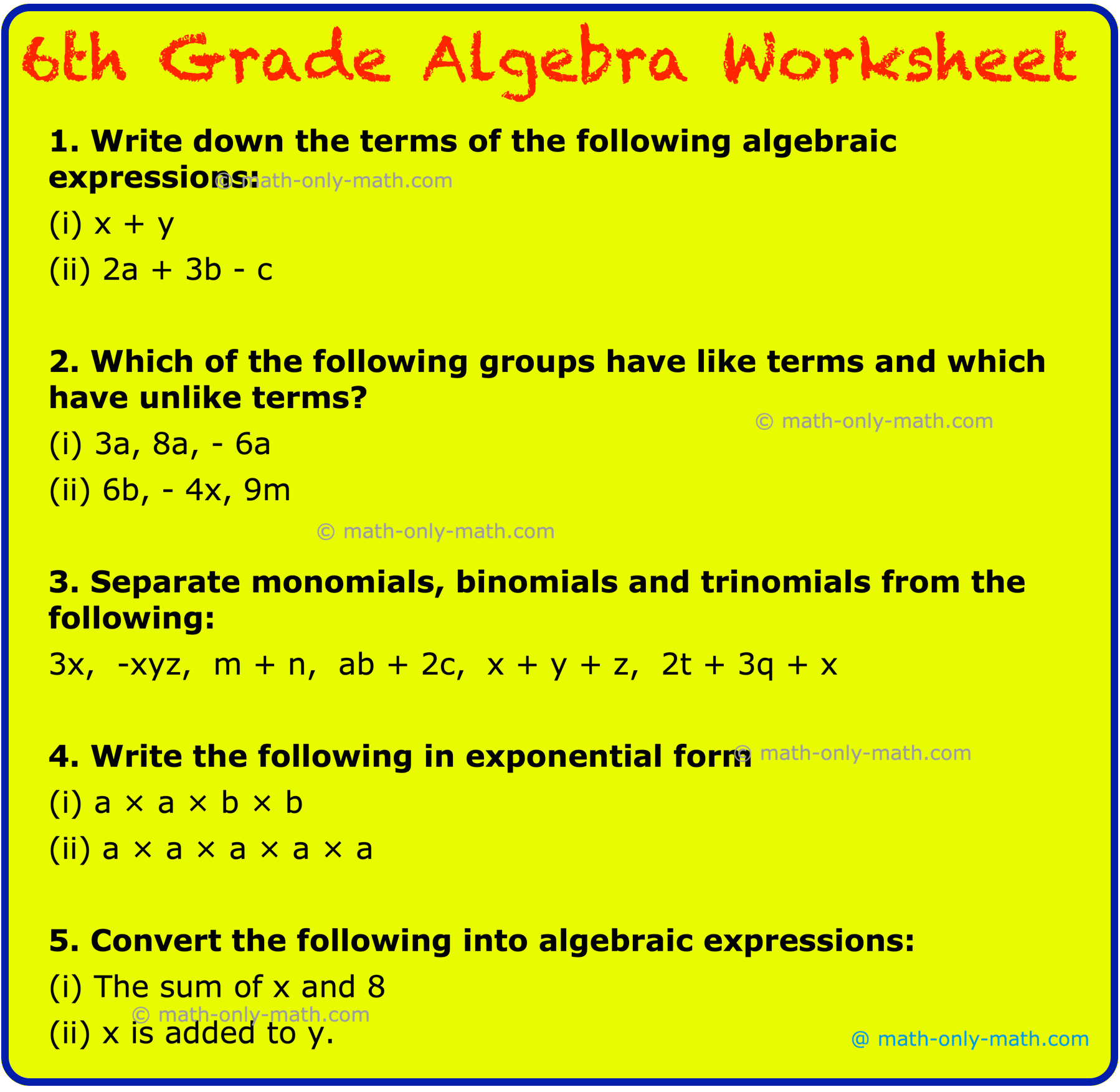 6th Grade Algebra Worksheet | Pre-Algebra worksheets with Free Answers