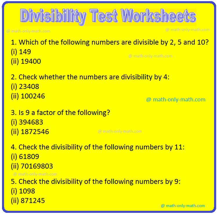 Worksheet on Divisibility Rules | Questions on Test of Divisibility