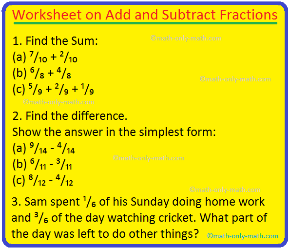Worksheet on Add and Subtract Fractions | Word Problems | Fractions