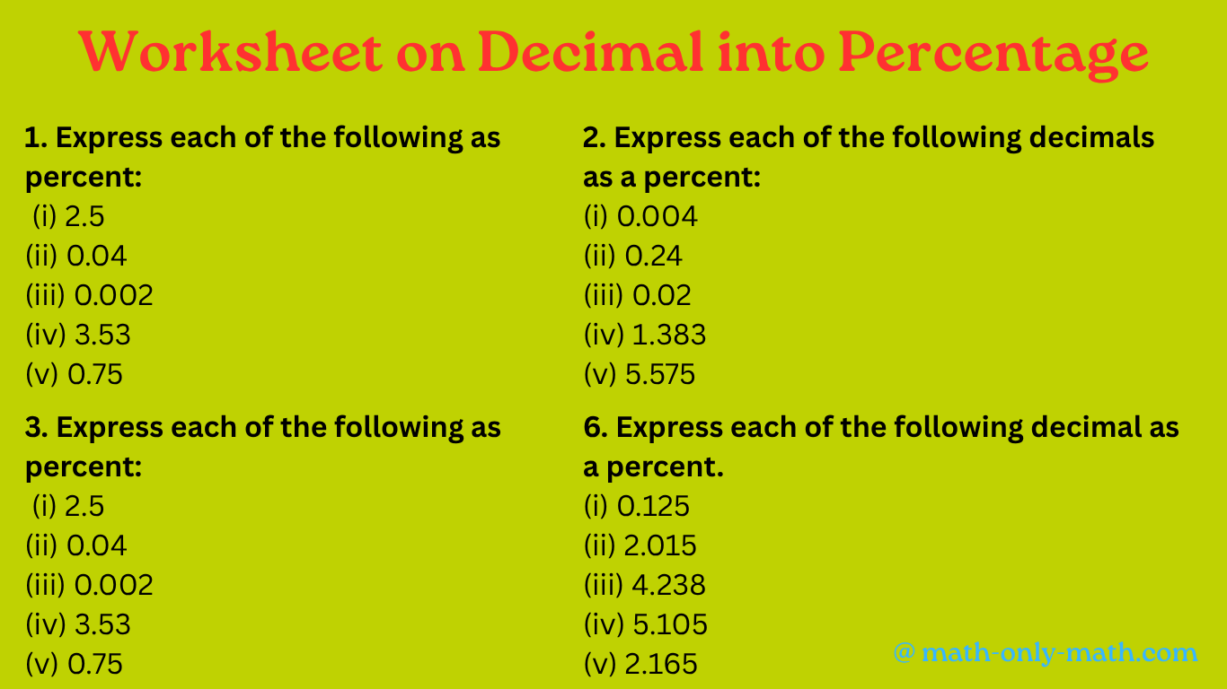 Worksheet on Decimal into Percentage | Convert Decimal into Percent