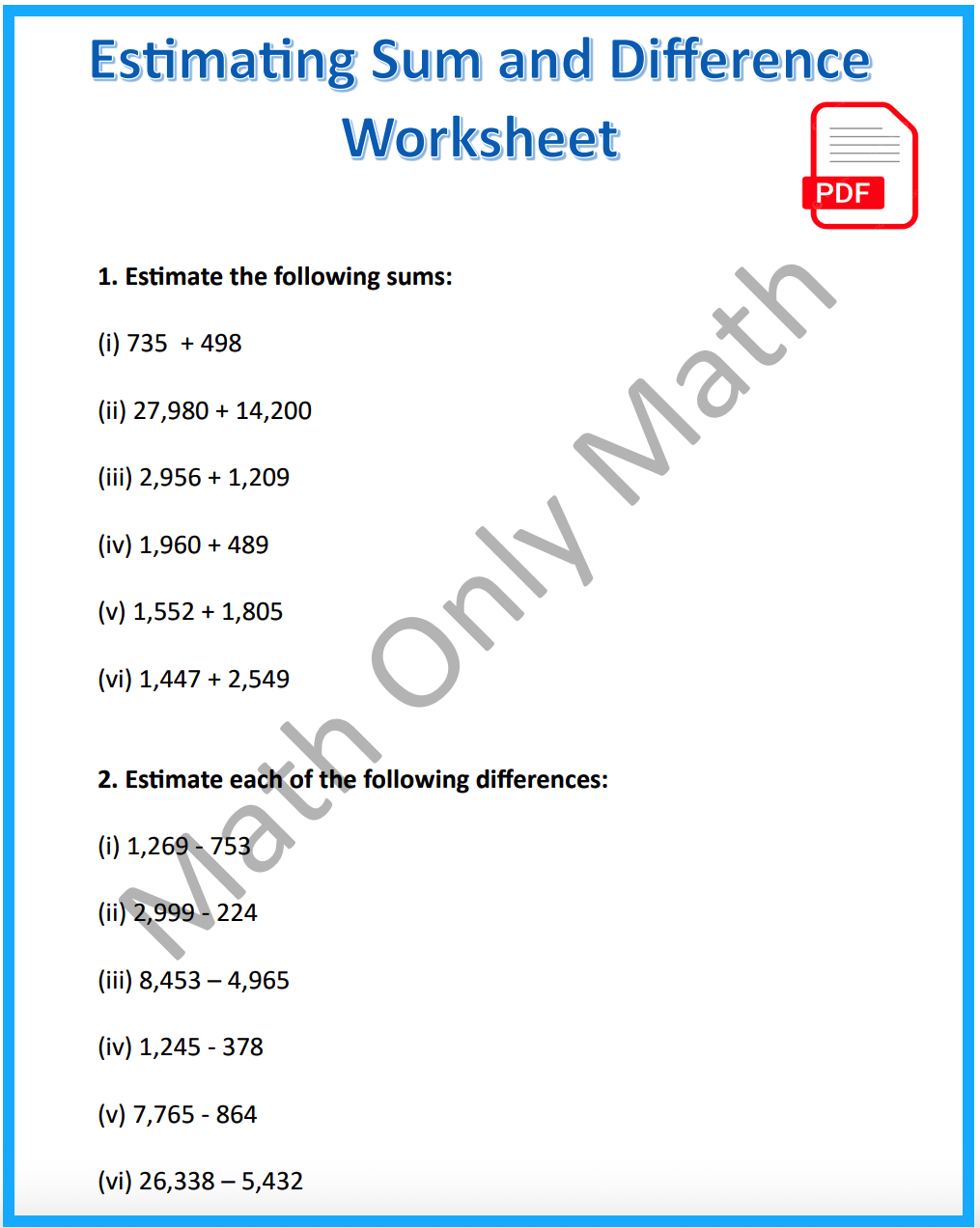 Worksheet on Estimating Sums and Differences | Find the Estimated Sum