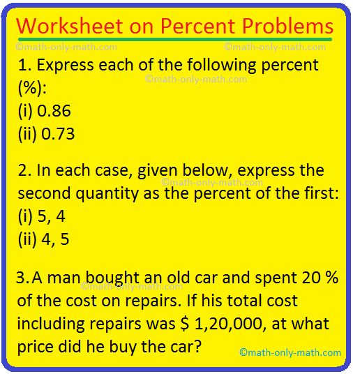 Worksheet on Word Problems on Percentage | Real Life Problems on Per