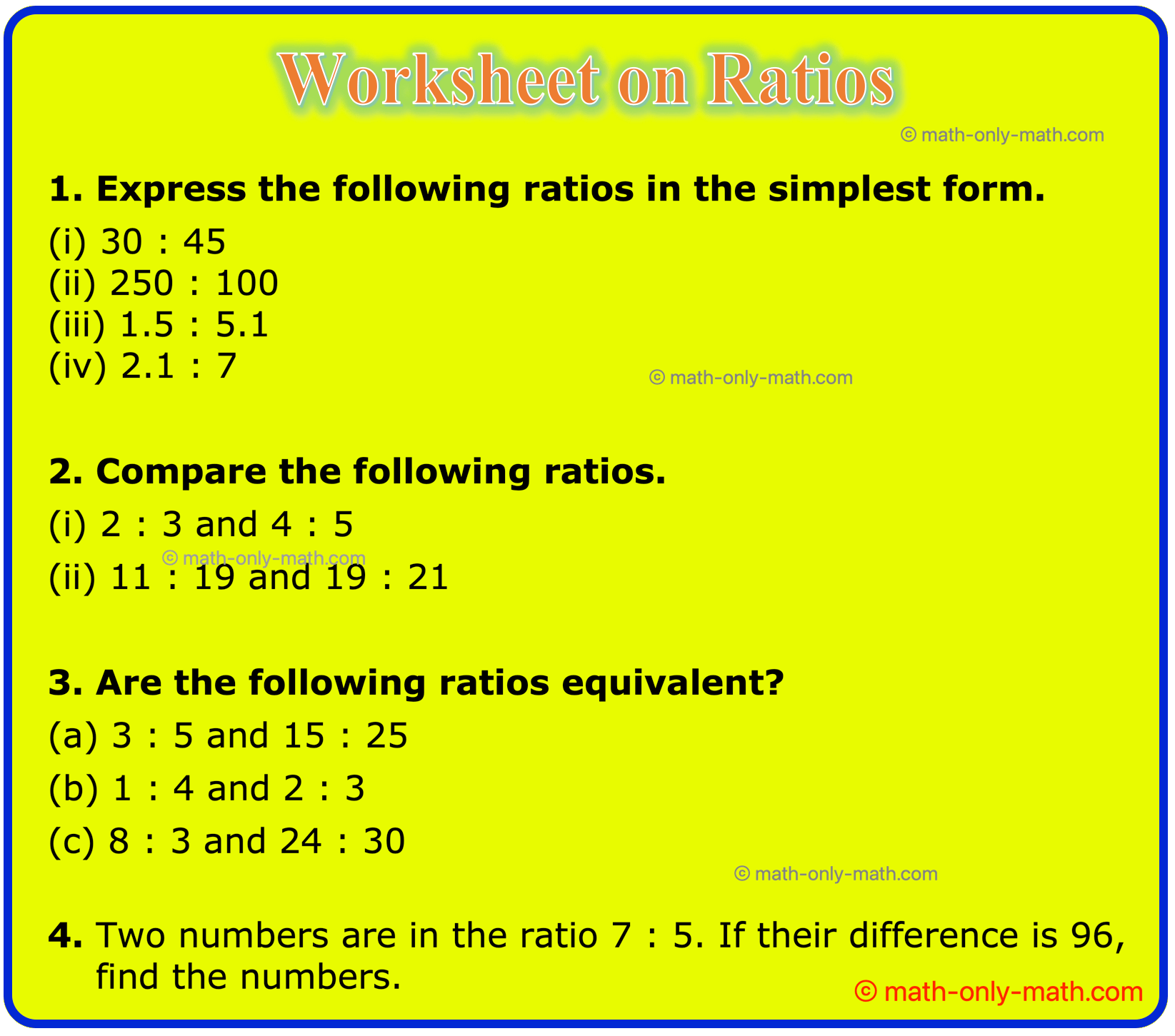 Worksheet on Ratios |Basic Concept of Ratio|Comparison of Ratios ...