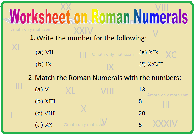 Worksheet on Roman Numerals |Roman Numerals|Symbols for Roman Numerals