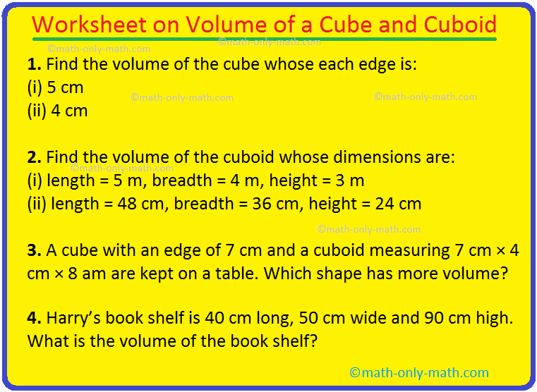 Worksheet on Volume of a Cube and Cuboid |The Volume of a RectangleBox