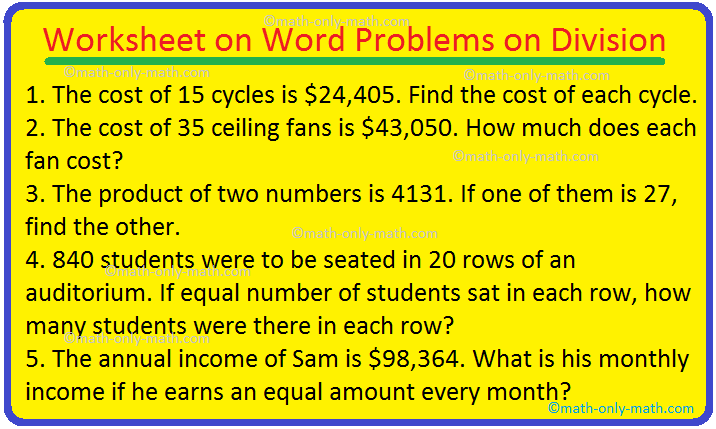 Worksheet on Word Problems on Division | Division Word Problems